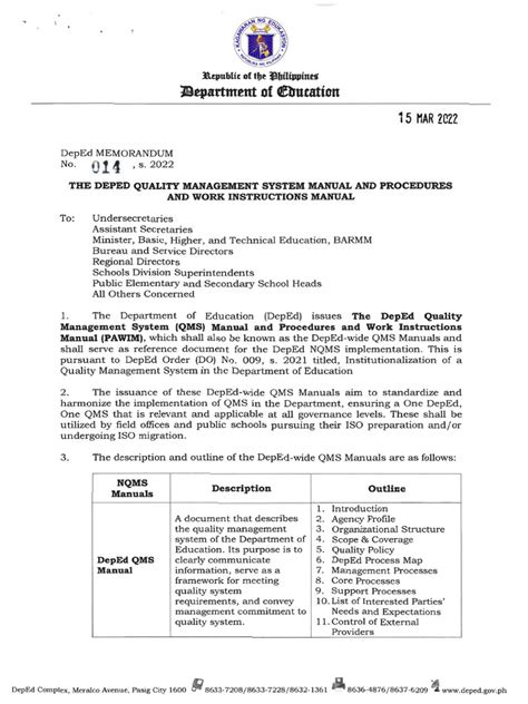 dm s2022 014 the deped qms manual and pawim pdf