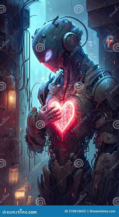 Humanoid Robot With Love Heart In Cyberpunk Style Valentine S Day