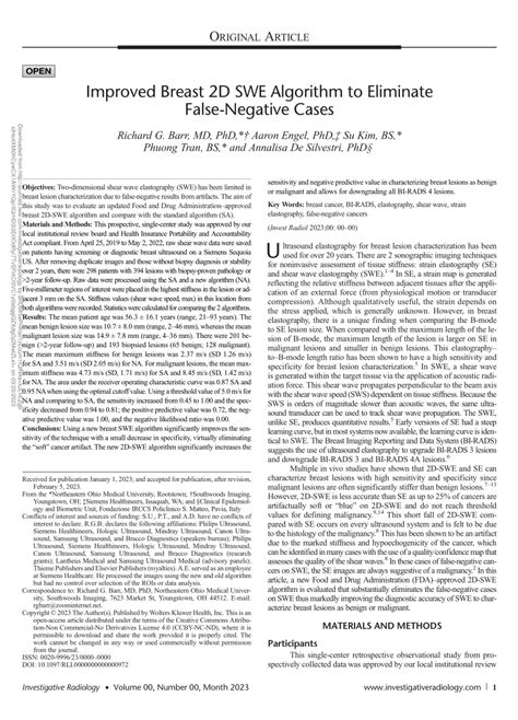 PDF Improved Breast 2D SWE Algorithm To Eliminate False Negative Cases