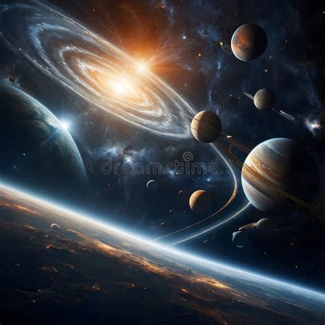 Futuristic Space Exploration Concept Featuring Swirling Galaxies Geometric Planets And Light