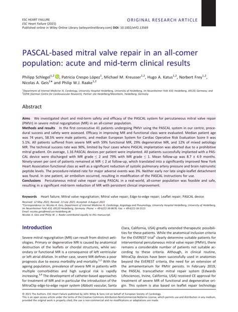 Pdf Pascal‐based Mitral Valve Repair In An All‐comer Population Acute And Mid‐term Clinical