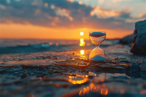 Sunset At The Beach With Sand Timer Premium Ai Generated Image