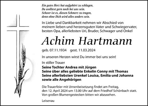 Traueranzeigen Von Achim Hartmann Trauer Anzeigen De