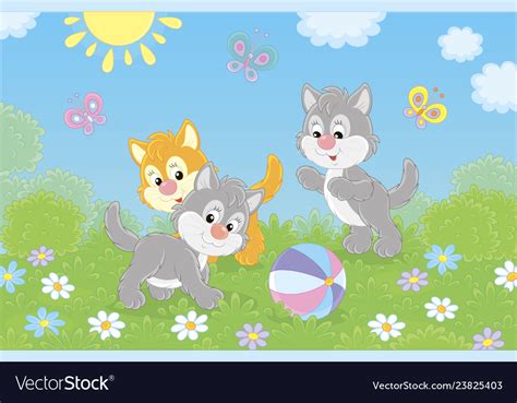 Funny Little Kittens Playing With A Ball Vector Image