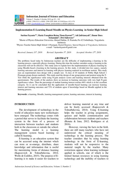Pdf Implementation E Learning Based Moodle On Physics Learning In Senior High School
