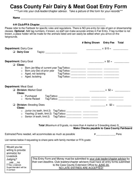 Fillable Online Cass County Fair Dairy And Meat Goat Entry Form Fax Email Print Pdffiller