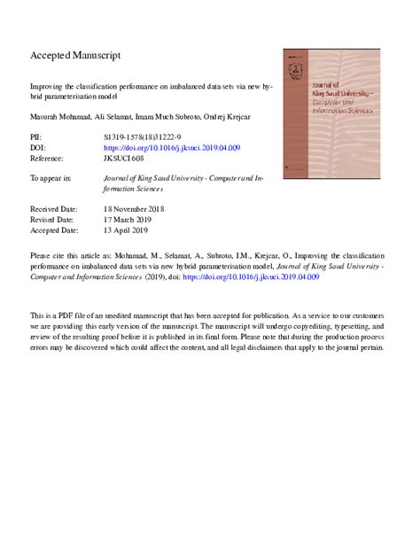 Pdf Improving The Classification Performance On Imbalanced Data Sets