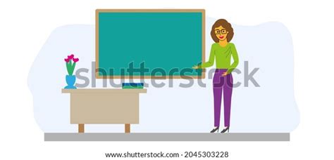 Young Teacher Classroom Near Blackboard Classroom Stock Illustration