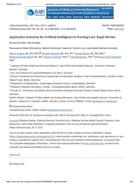 Application Scenarios For Artificial Intelligence In Nursing Care Rapid Review Pmc Pdf