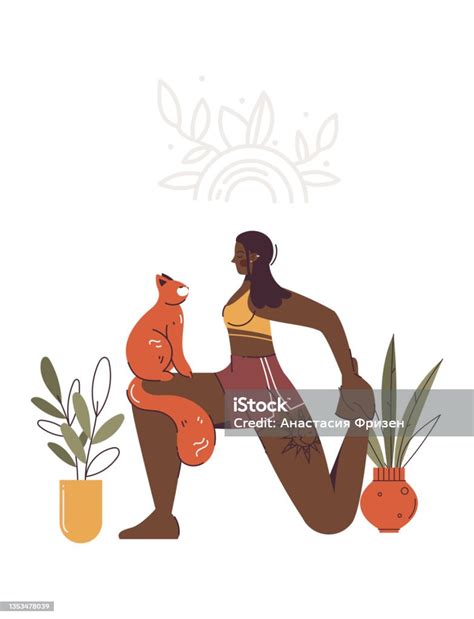 고양이와 요가 안자네야사나에 있는 젊은 흑인 여성이 집에서 식물과 함께 포즈를 취하고 있다 여자에 앉아 고양이 벡터에 대한 스톡