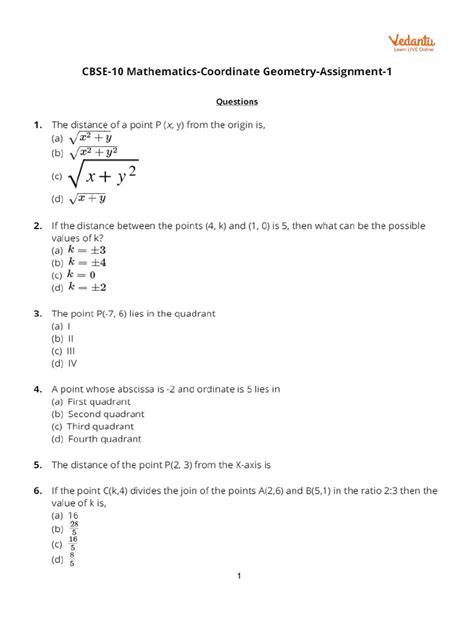 Cbse 10 Mathematics Coordinate Geometry Assignment 1 Pdf