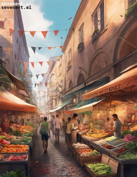 Illustrate A Vibrant City Market With Stalls Selling Fresh Produce