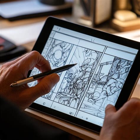 A Storyboard Artist Using Digital Tools To Create Detailed Storyboards On A Tablet Premium Ai