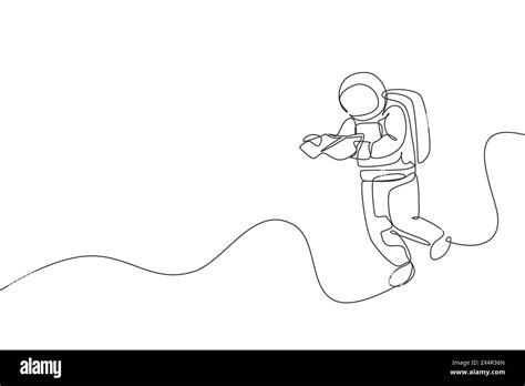 Single Continuous Line Drawing Of Floating Science Astronaut In Spacewalk Reading Space Map