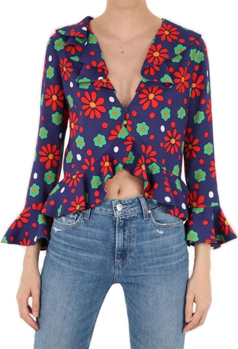 Saint Laurent Ruffled V Neck Blouse Shopstyle Tops