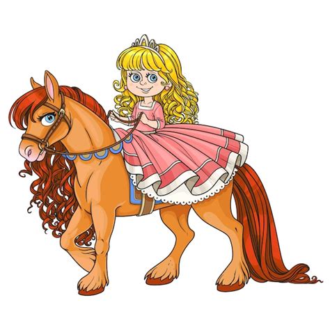 Süße kleine Prinzessin auf einem Pferd reitet isoliert auf weißem Hintergrund Premium Vektor