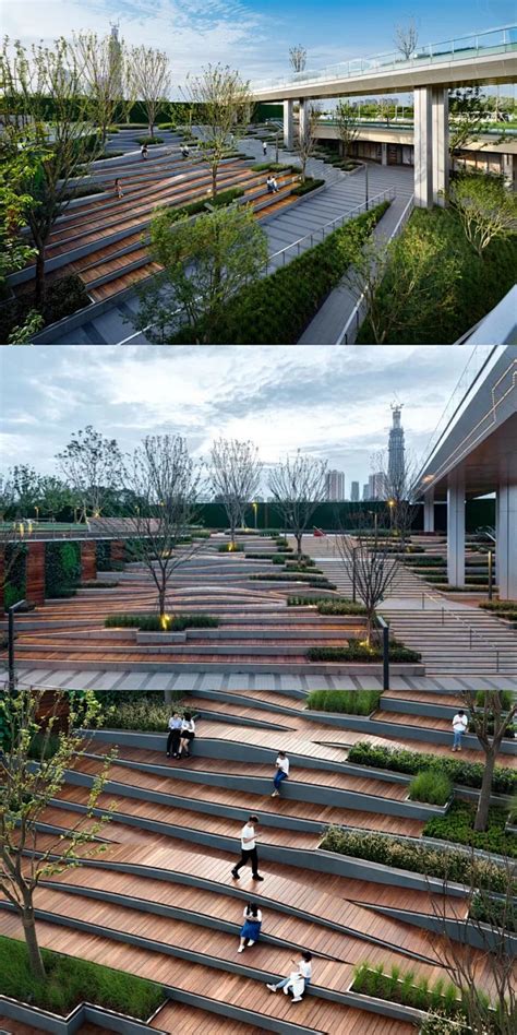 万科·高线公园 波浪台阶 不锈钢树池的金属压顶应与穿孔板灯带、石材立面弧度一致，从而共同呈现出了波浪台阶的简洁、舒畅和精巧。 花瓣网