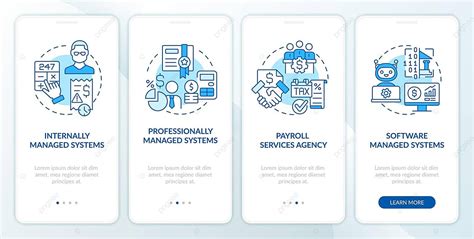 Blue Onboarding Mobile App Screen Displaying Various Payroll System Types Vector Task Mobile