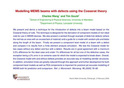 Pdf Modelling Mems Beams With Defects Using The Cosserat Theory