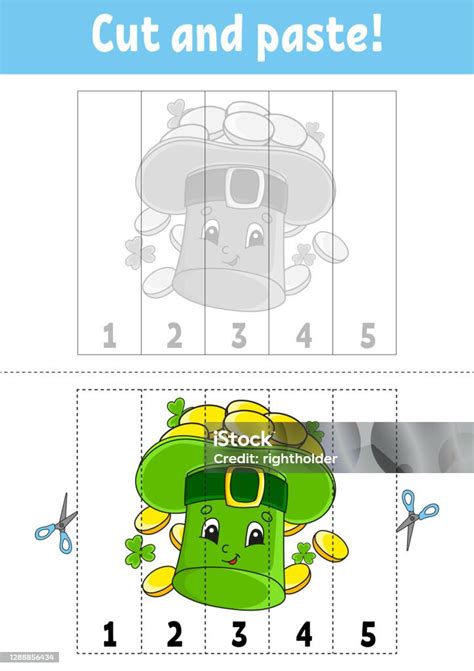 學習數位 15切割和膠水卡通人物教育發展工作表兒童遊戲活動頁顏色隔離向量圖聖派翠克節向量圖形及更多三葉草圖片 三葉草 休閒遊戲 做好