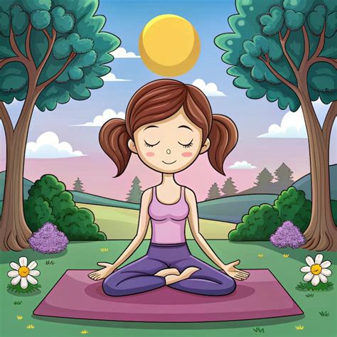 A Cartoon Illustration Of A Girl Doing Yoga In A Park With Trees And