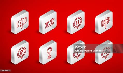 설정 라인 속도 제한 교통 주차 자동차 장벽 도로 경고 양방향 신호등 도로 포크 화재 출구 표지판 및 휴대 전화 아이콘 없음 벡터 3차원 형태에 대한 스톡 벡터 아트 및