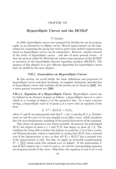 Hyperelliptic Curves And The Hcdlp Chapter Vii Advances In Elliptic Curve Cryptography