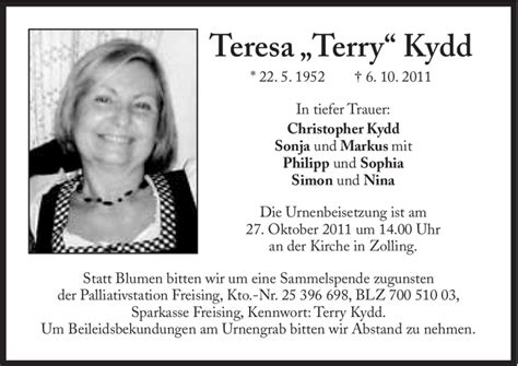 Traueranzeigen Von Teresa Terry Kydd SZ Gedenken De