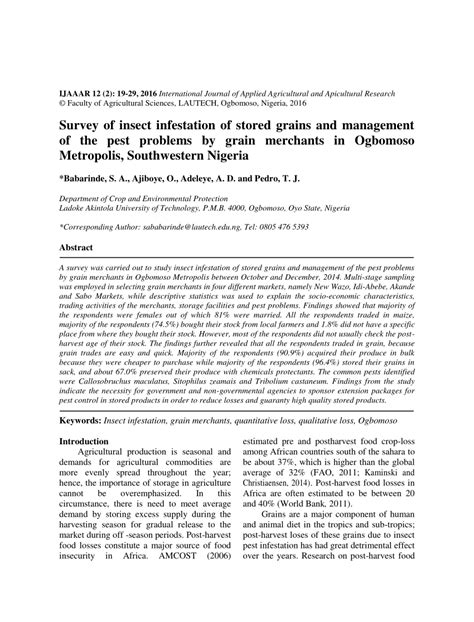 Pdf Survey Of Insect Infestation Of Stored Grains And Management Of