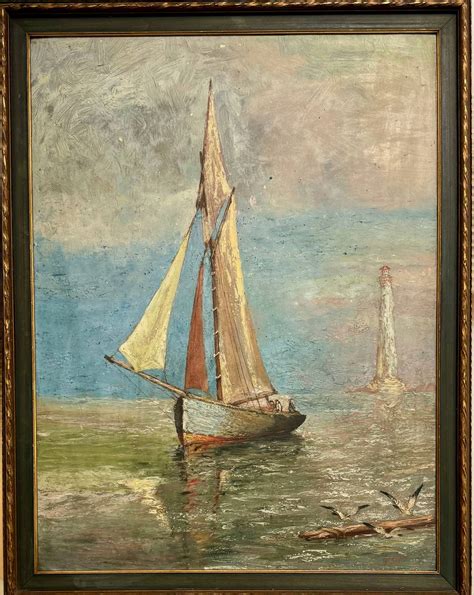Antique American School 19th Century Impressionist Nautical Scene Oil