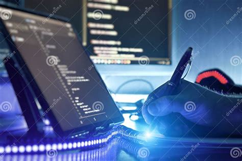 Modern Programmer Working On Coding In Futuristic Workspace With Blue
