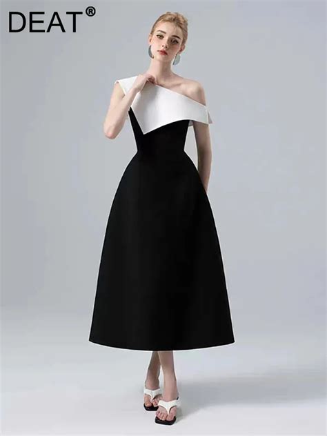 Deat Strapless Dress Slash Neck Contrast Color Waist Retraction Zipper