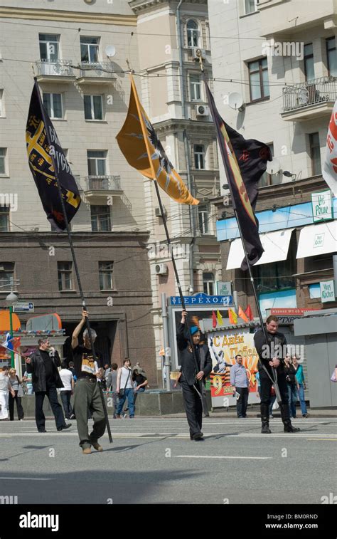 A demonstration of the Russian ultras on the main Moscow street ...