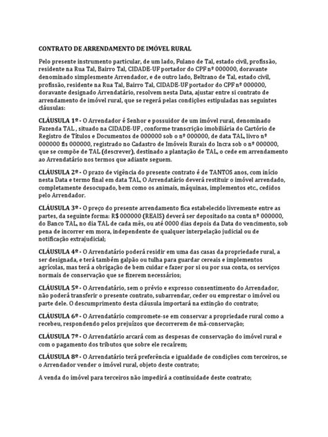 Modelo De Contrato De Arrendamento De Imovel Rural Pdf Direito Privado