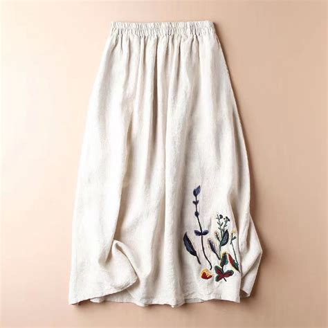 Womens Skirts Vintage Floral Embroidered Cotton Linen Summer A Line