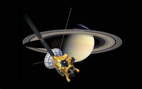Probe Cassini Front Of The Planet Saturn With Rings Desktop Wallpaper
