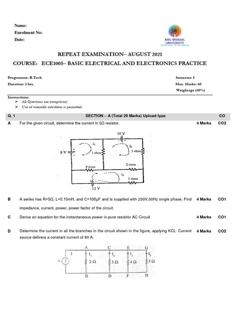 Ece1005 Basic Electrical And Electronics Practice Pdf Electrical Network Capacitor