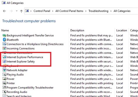 Internet Explorer Performance And Safety Troubleshooters