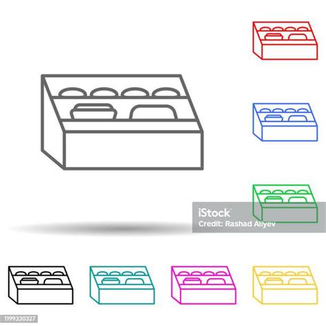 구운 멀티 컬러 스타일 아이콘 카운터 Ui 및 Ux 웹 사이트 또는 모바일 응용 프로그램에 대한 간단한 얇은 라인 쇼핑몰 쇼핑 센터 아이콘의 개요 벡터 가정 주방에 대한