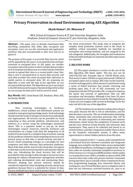 privacy preservation in cloud environment using aes algorithm pdf