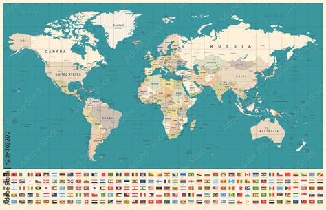 World Map And Flags Borders Countries And Cities Vintage
