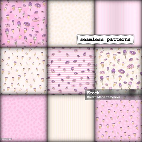매끄러운 패턴 세트 만화 손으로 그린 과자 도넛과 아이스크림 섬세한 파스텔 핑크 베이지 라일락 색상 인쇄 포장 포장 배너 직물에 대한 패턴 0명에 대한 스톡 벡터 아트 및