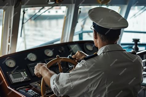 Premium Photo Ships Captain Navigating From The Bridge Hands On Wheel