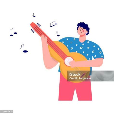 지터를 연주하는 현대인 자신의 취미 일 여가를 즐기는 캐릭터 플랫 만화 스타일의 벡터 일러스트레이션 기타 연주자에 대한 스톡