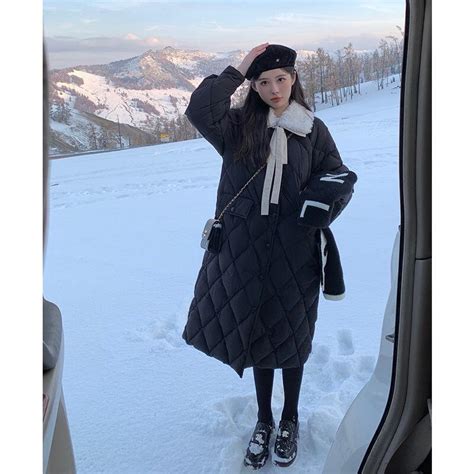 黑色菱格羽絨棉服女2021冬中長款設計小眾復古羊羔毛翻領外套大衣 露天市集 全台最大的網路購物市集