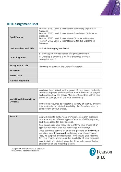 Unit 4 Managing An Event Aab Learning Aims Bc Btec Assignment Brief Qualification Pearson Btec