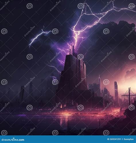A Bright Flash Of Lightning Over The City Urban Fantasy Landscape