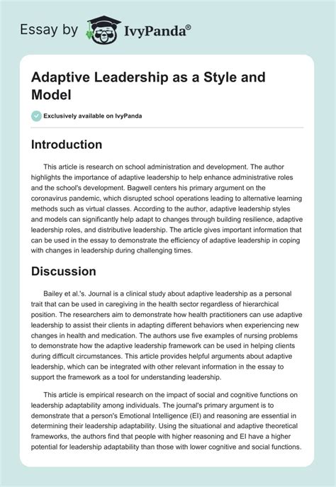 Adaptive Leadership As A Style And Model 952 Words Essay Example