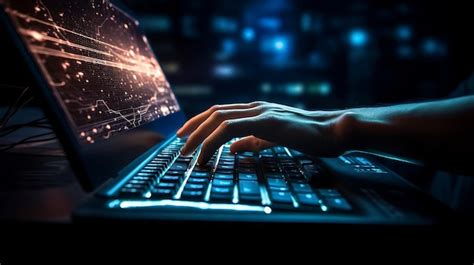premium ai image human hand typing on computer keyboard at night