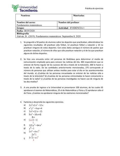 Evidencia 1 Fundamentos Matematicos Tecmilenio Nombres Matriculas
